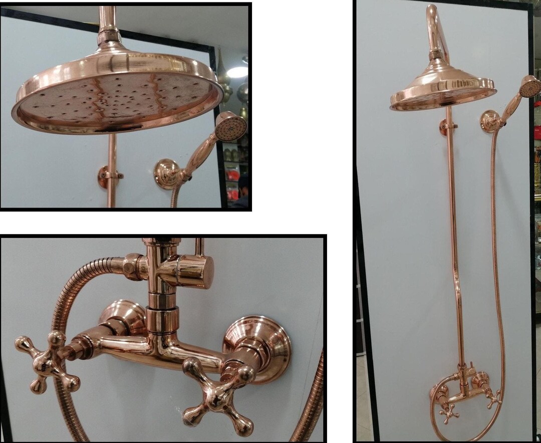 Red Copper Shower System Including Curved Wall Tube, Wall Mount Faucet ...