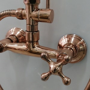Red Copper Shower System Including Curved Wall Tube, Wall Mount Faucet ...