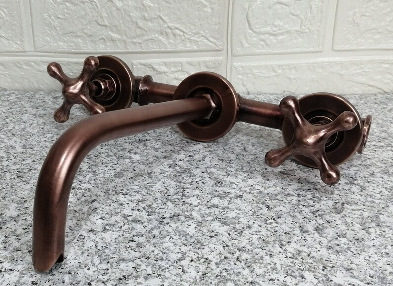 Wall Mounted Faucet, Dark Red Brass, Hot and Cold Water Handle ...