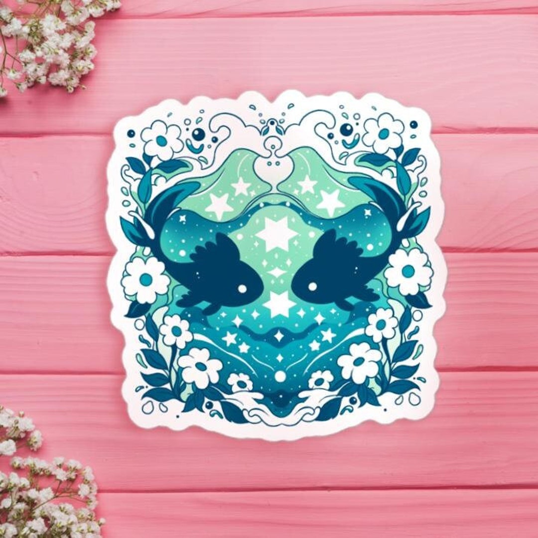 Ocean Fishes Sticker | Cyan Blue Floral Water Waves With Stars, Flowers ...