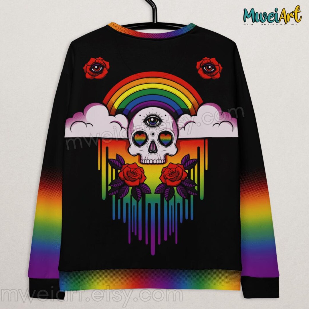 LGBTQ Rainbow Flag Sweater, Punk Gothic Sweatshirt Skulls Colorful ...
