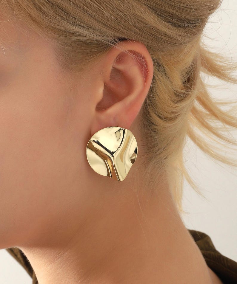 Modern Abstract Statement Gold Earrings, Crumpled Earrings, Large ...