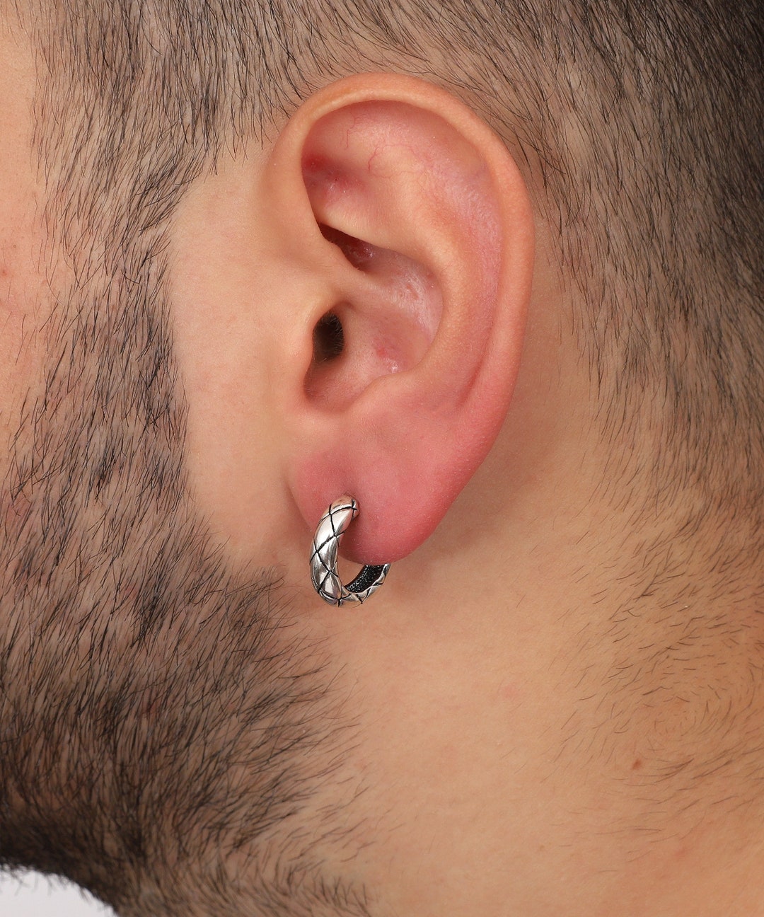 925 Sterling Silver Textured Huggie Man One Side Earring, Silver ...