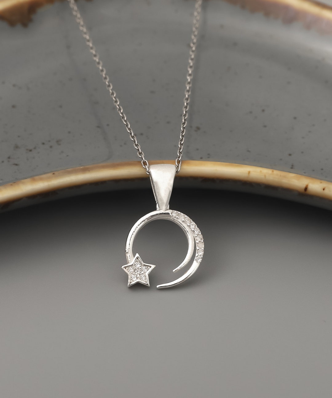 Sterling Silver Crescent Moon Star Necklace: Zircon Celestial Jewelry ...