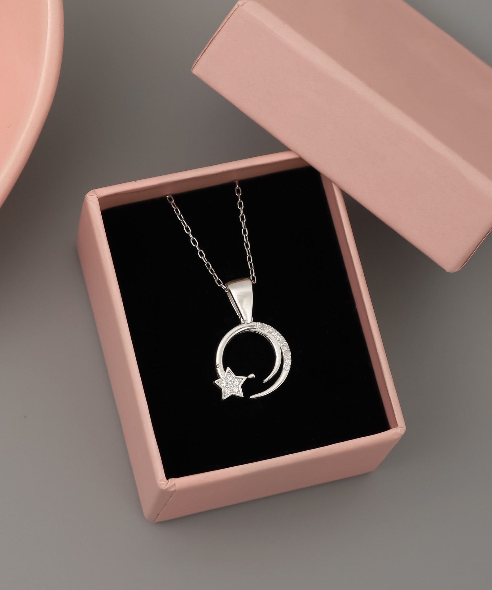 Sterling Silver Crescent Moon Star Necklace: Zircon Celestial Jewelry ...