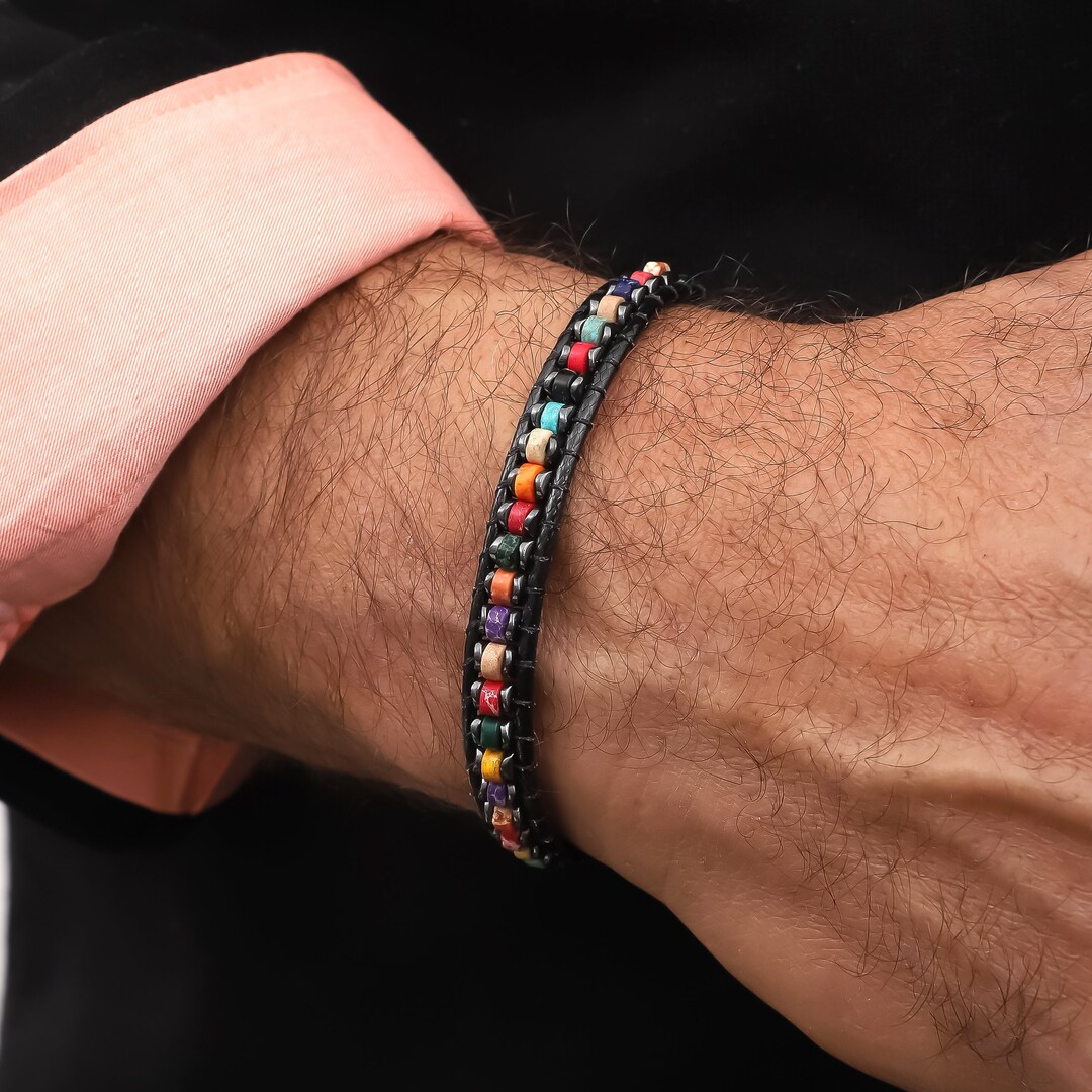 Boho Leather Bracelet for Men: Variscite & Hematite Natural Stone ...