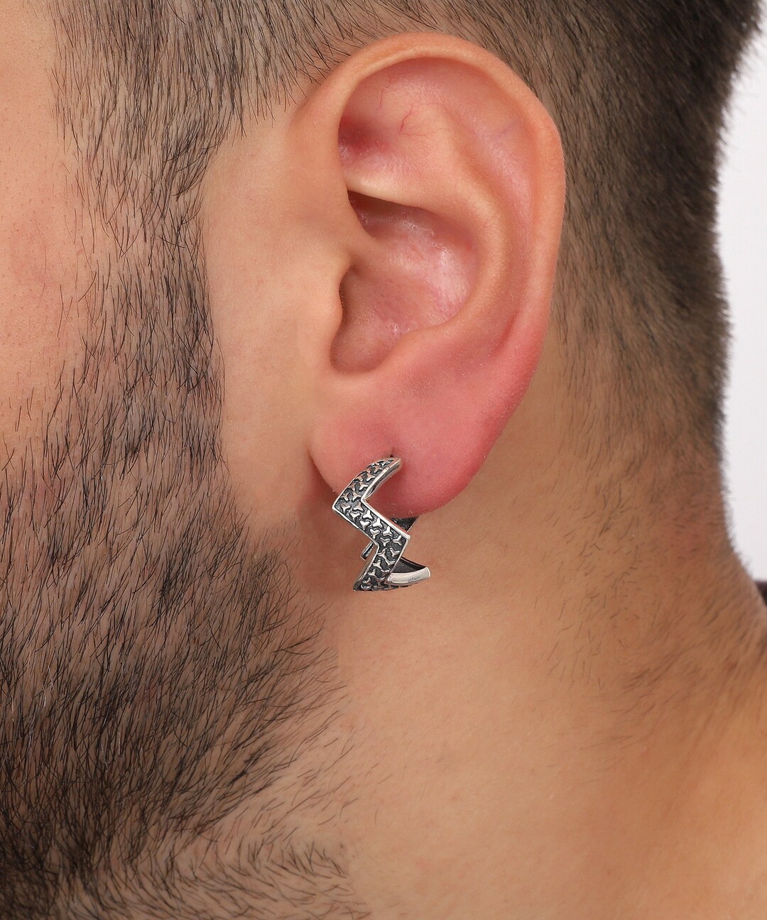 925 Sterling Silver Textured Huggie Zigzag Silver Man One Side Earring ...