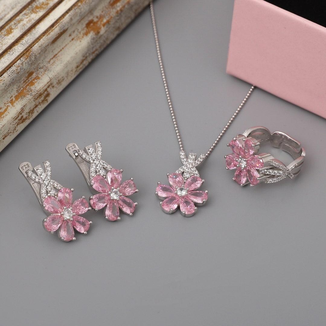 Pink Jewelry Set, Magnolia Pink Flower Jewelry Set, Handmade Sterling ...