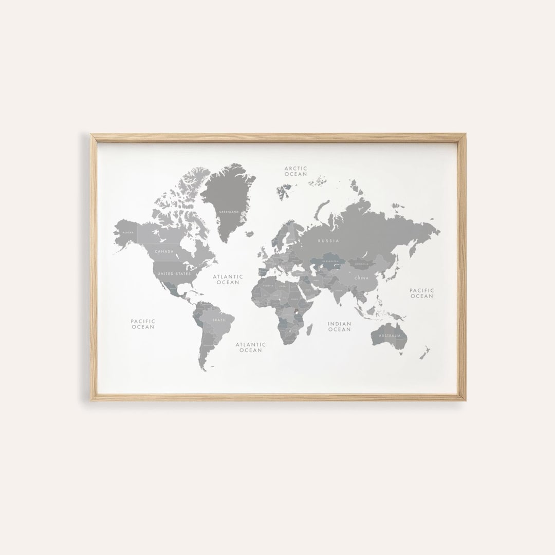 World Map Wall Art: Subtle Gray Tones - Minimalist Design - Etsy