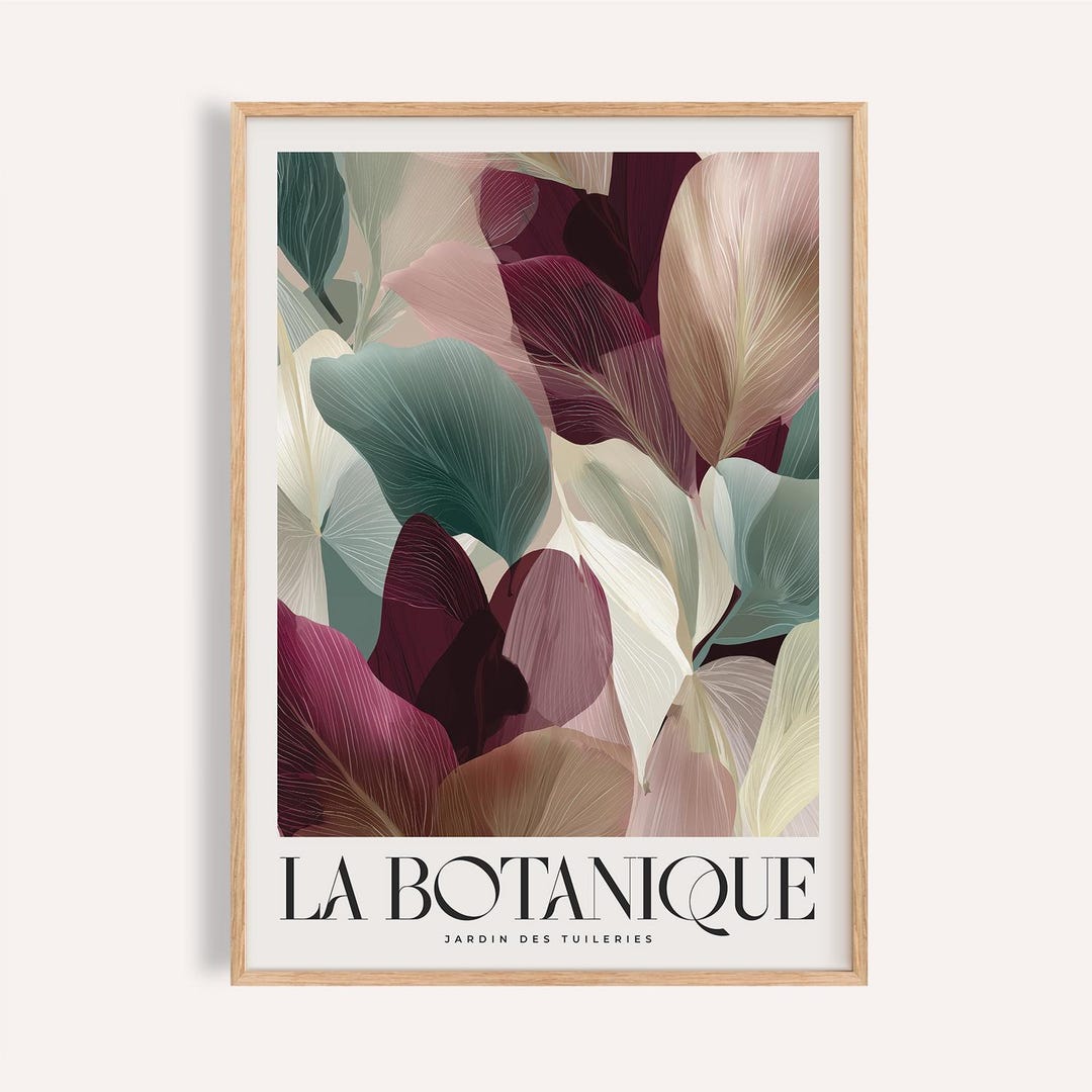 Burgundy Botanical Print: Modern Beige & Green Leaves Wall Art - Etsy