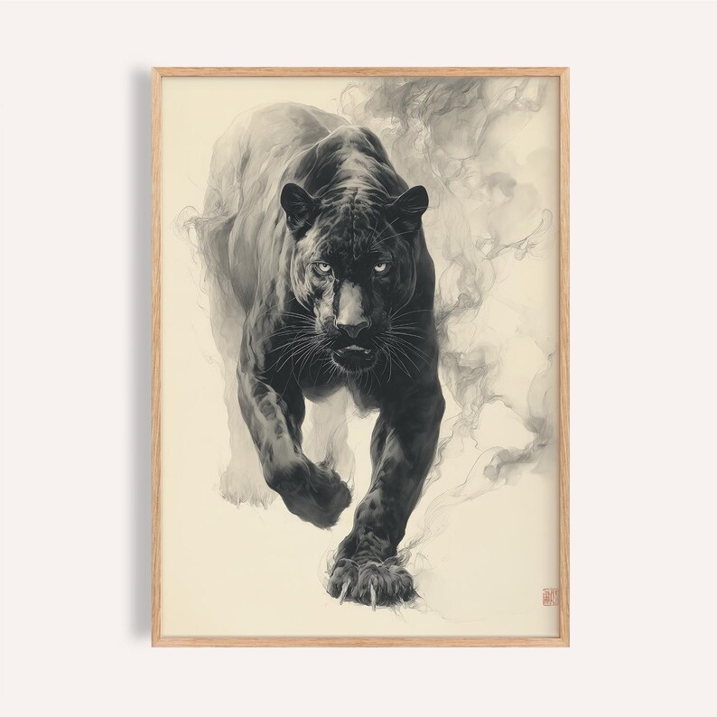 Japanese Ink Art Black Panther Print: Minimalist Brush Painting - Etsy