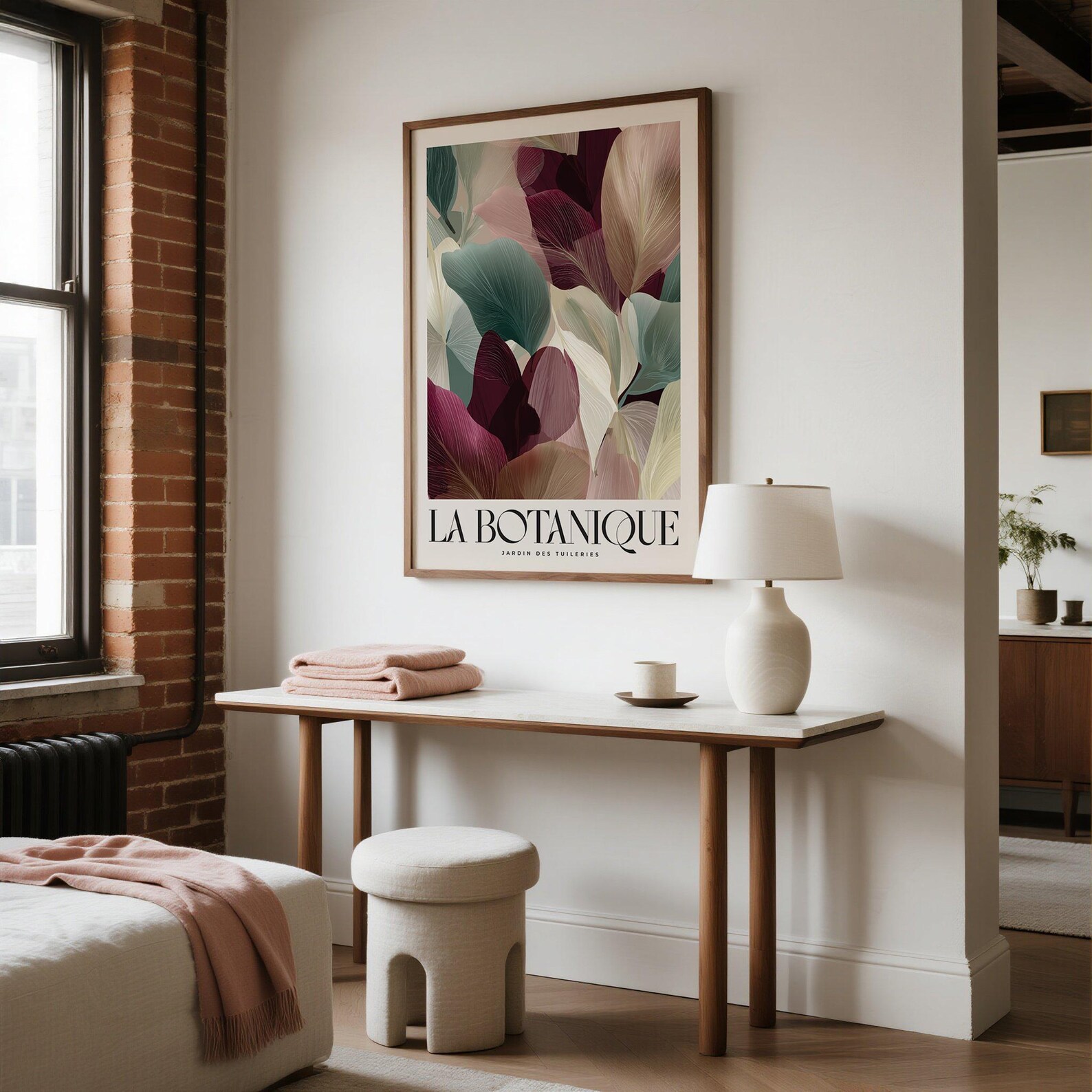 Burgundy Botanical Print: Modern Beige & Green Leaves Wall Art - Etsy