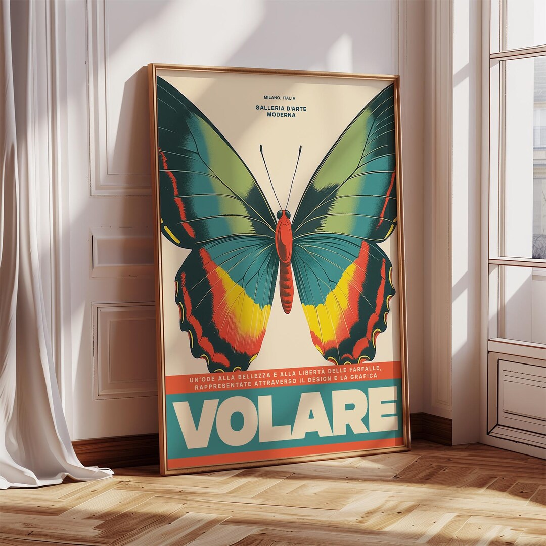 Volare Butterfly Exhibition Poster Modern Italian Wall Art | Green and Yellow Decor Living Room ...