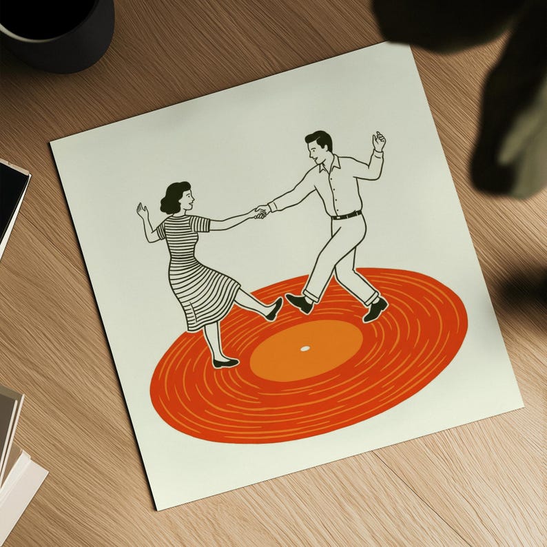 Vintage Dance Art Print: Bold Orange Record, Mid-century Style - Etsy