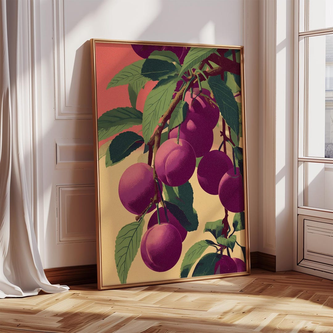 Plum Tree Print: Nature Inspired Wall Art (purple Plums, Green Leaves ...