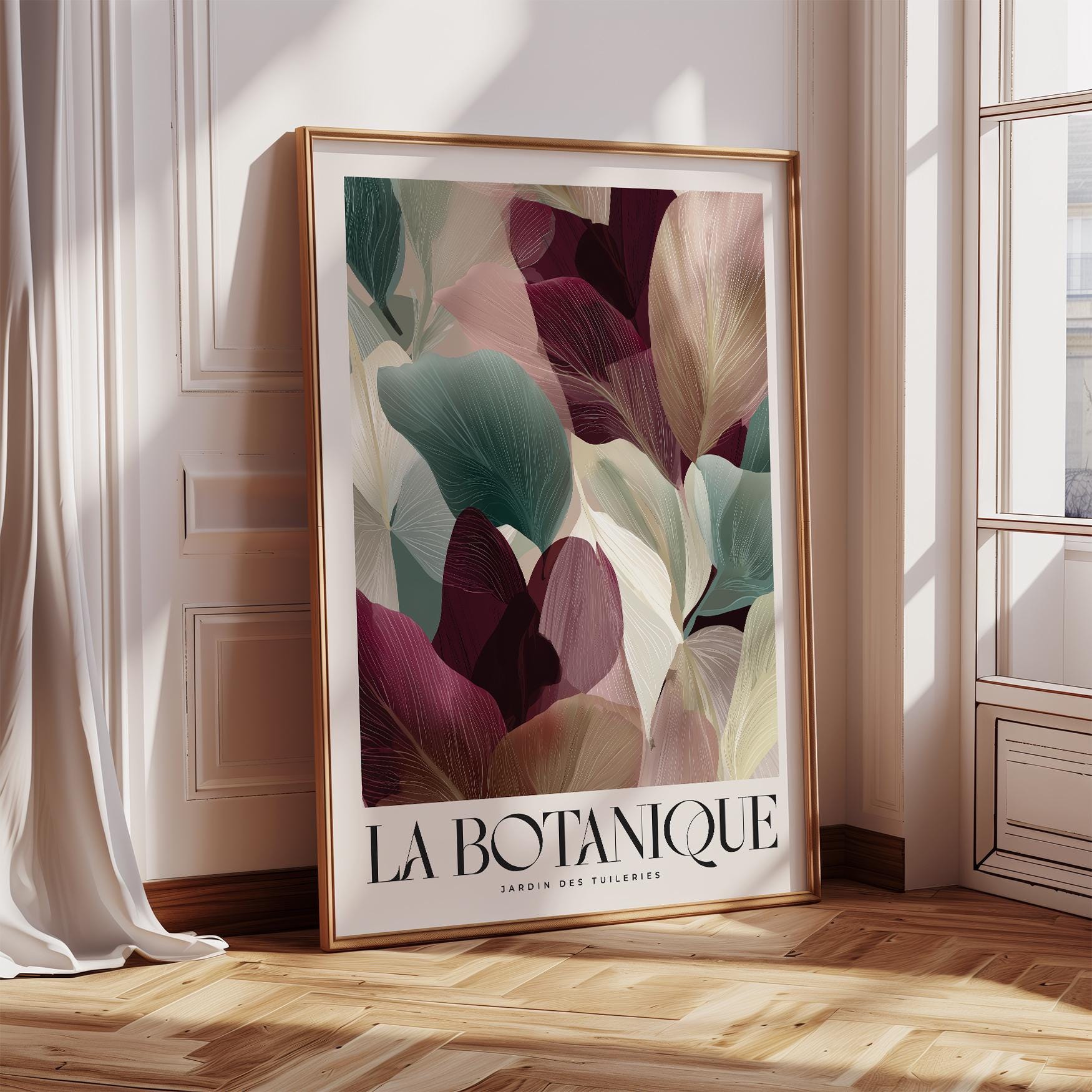 Burgundy Botanical Print: Modern Beige & Green Leaves Wall Art - Etsy
