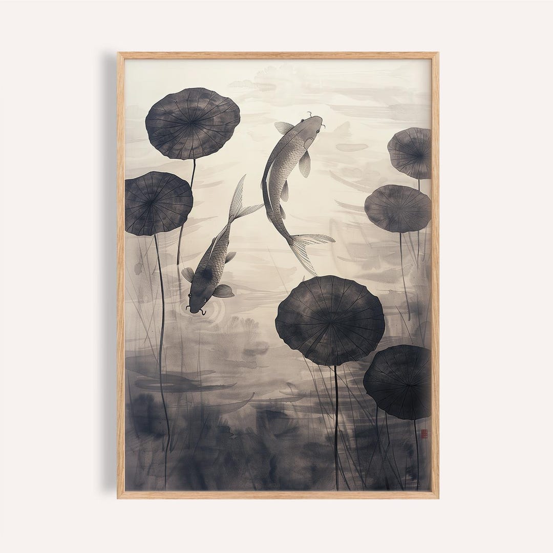 Koi Fish Lily Pad Print: Japanese Sumi-e Ink Art, Zen Wall Decor - Etsy