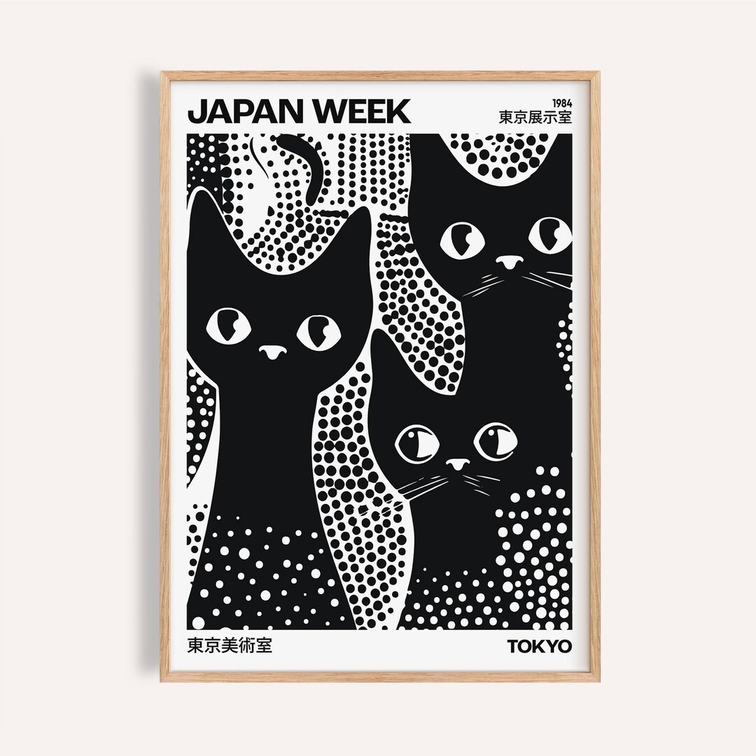 Black Cat Polka Dot Art Print: Modern Japanese Wall Decor - Etsy