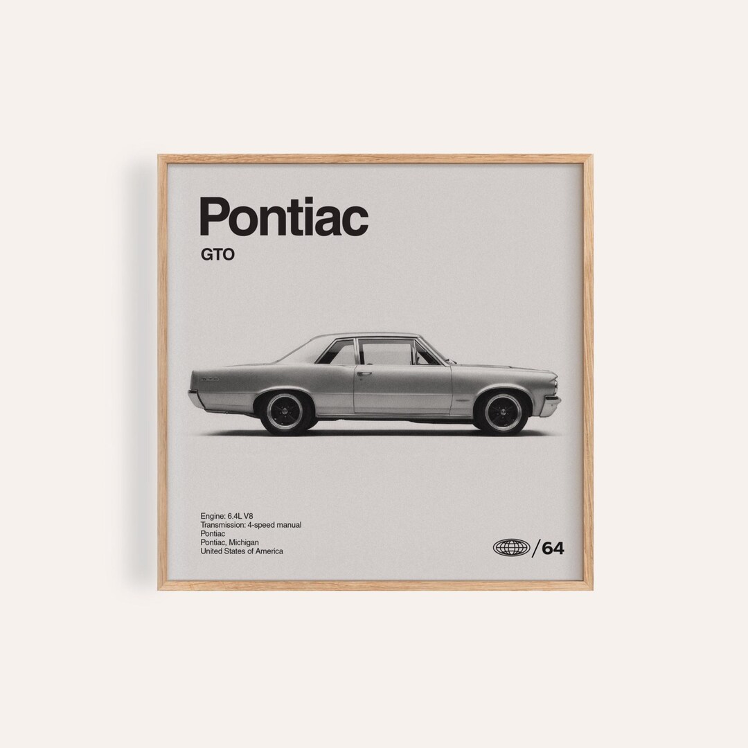 Pontiac GTO Art Print, Monochrome Muscle Car (black, White, Gray Tones ...