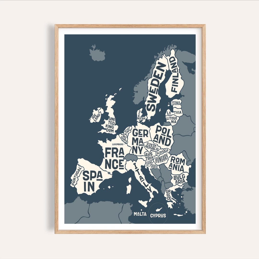 Europe Map Print: Minimalist Design - Bold Country Names - Etsy UK