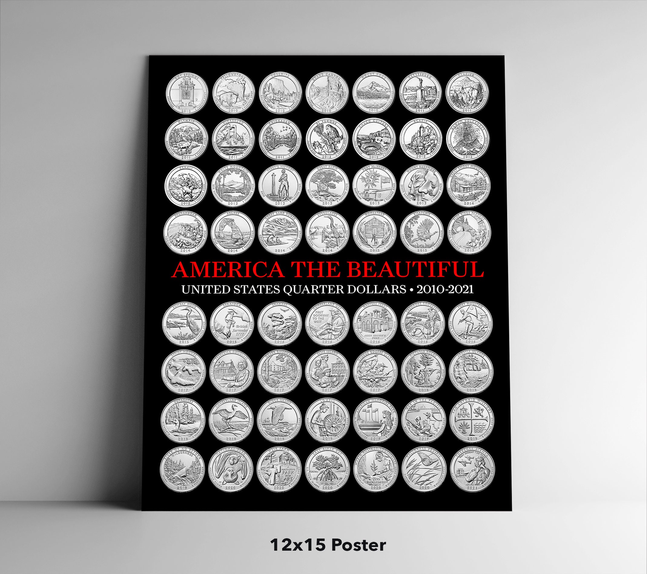 America the Beautiful United States Quarter Dollars 2010-2021 Poster ...