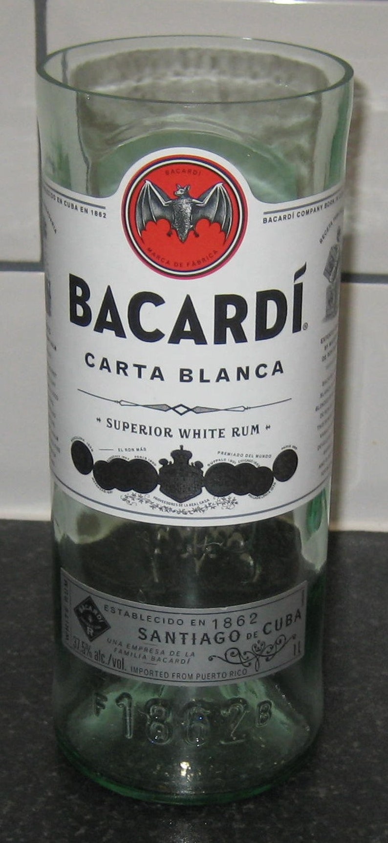 BACARDI Carta Blanca White Rum 1 Litre Recycled Glass Bottle Into Vase or Tea Light Candle ...
