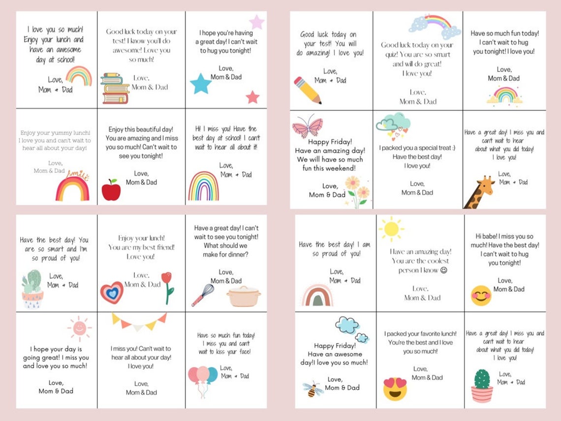 Kindergarten Lunch Box Notes, Printable Lunch Box Notes, Lunch Box ...