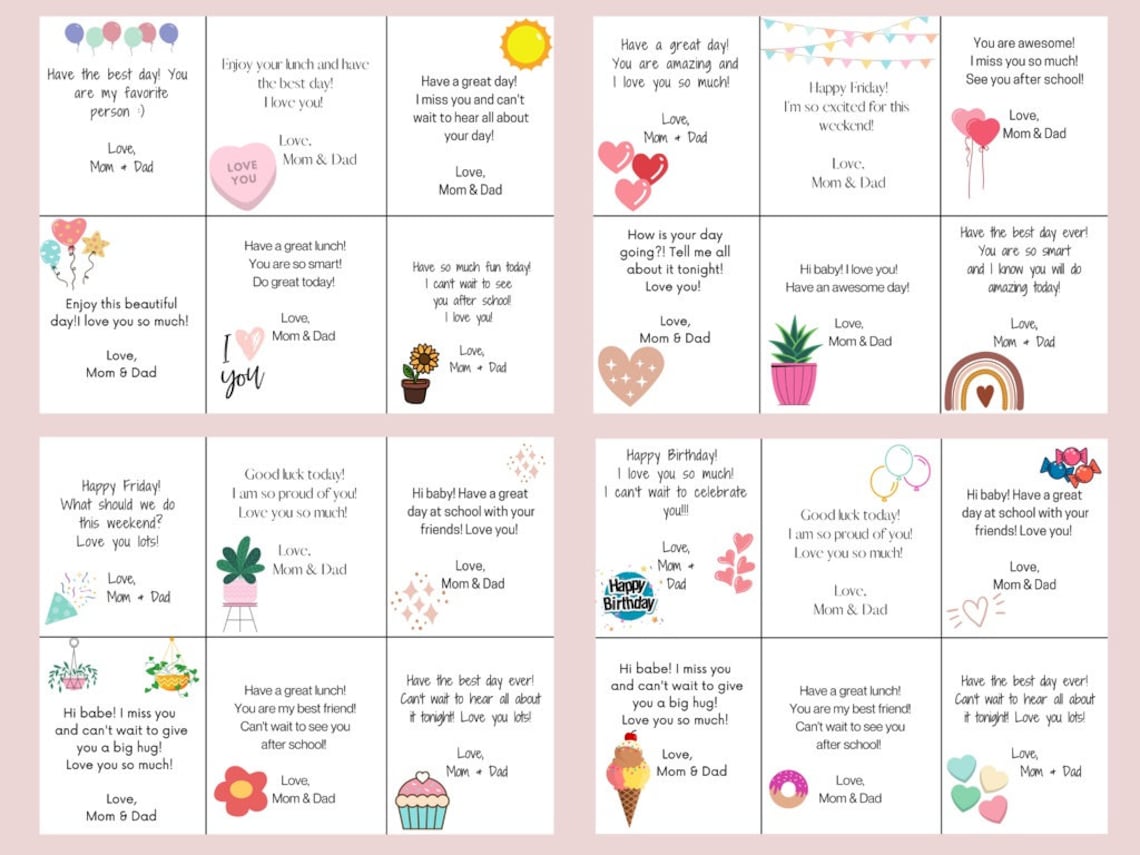 Kindergarten Lunch Box Notes, Printable Lunch Box Notes, Lunch Box ...