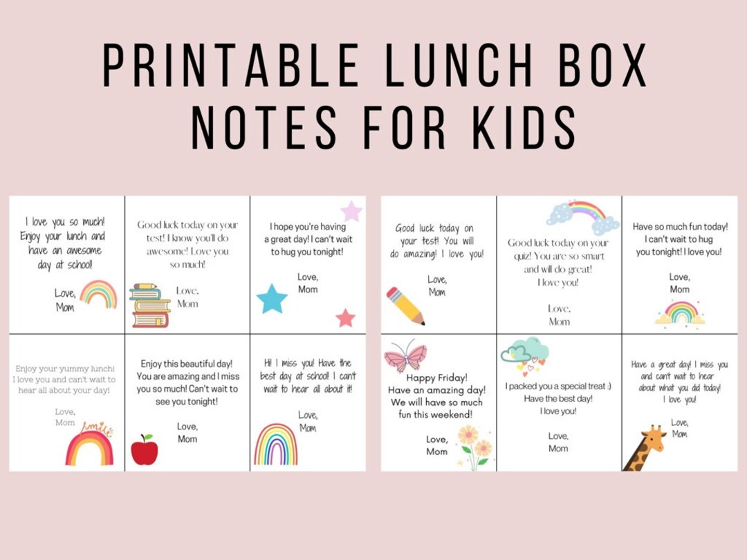 Kindergarten Lunch Box Notes, Printable Lunch Box Notes, Lunch Box ...