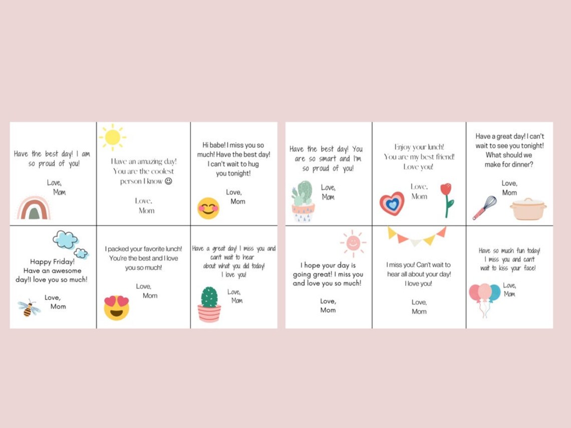 Kindergarten Lunch Box Notes, Printable Lunch Box Notes, Lunch Box ...