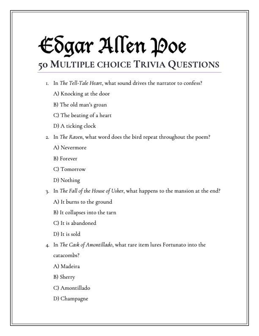 Edgar Allan Poe Trivia | 50 Multiple Choice Questions on the Raven ...