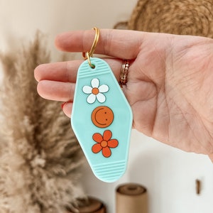 Flowers and Smiley Keychain, Boho Keychain, Flower Keychain, Gold ...