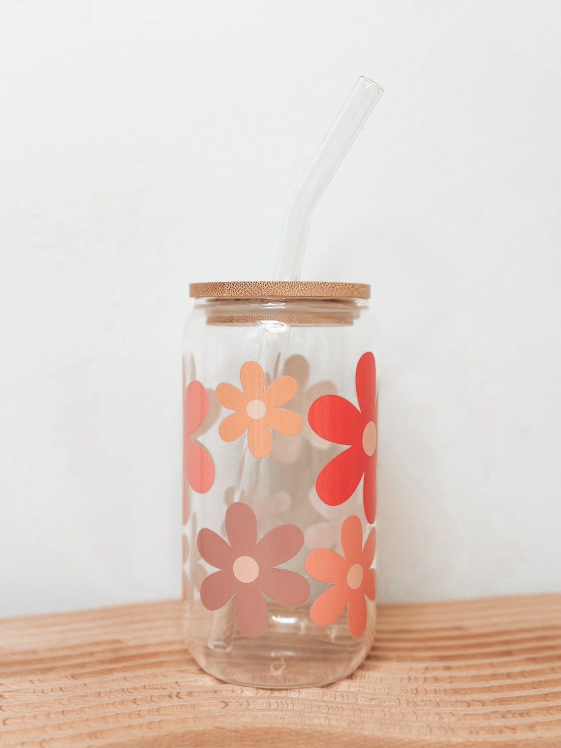 Floral Glass Cup, Floral Boho Cup, Flower Glass Cup With Lid and Straw ...