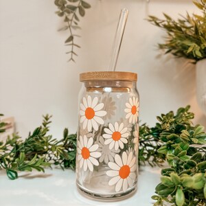 Powered by Daisies Glass Cup, Daisy Cup, Floral Glass Cup With Bamboo ...