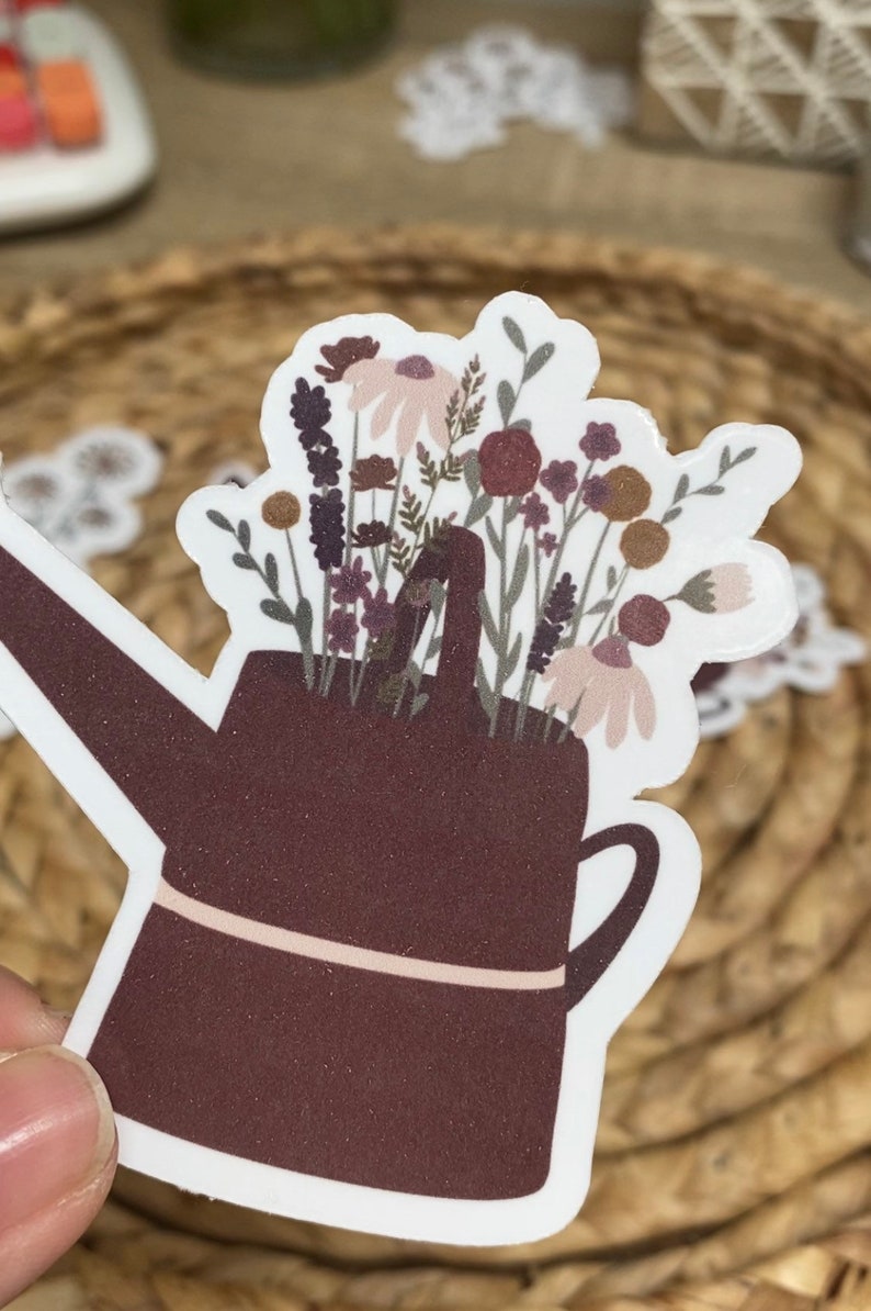 Flowers in Watering Can Sticker, Wildflower Sticker, Floral Sticker ...
