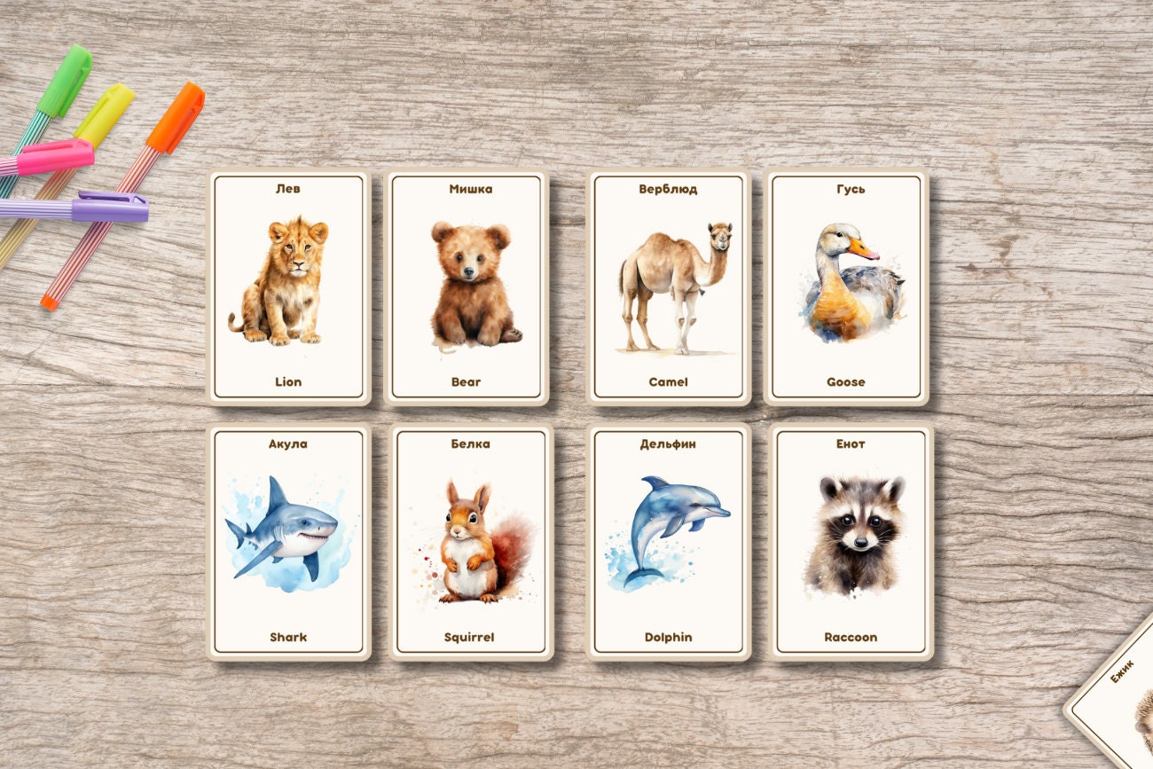 Printable Bilingual Animal Flashcards - Russian/english Learning Cards ...