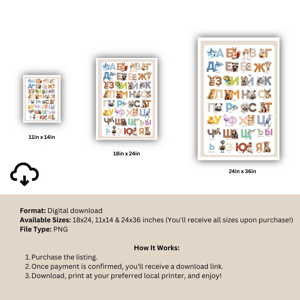 Russian Alphabet With Animals in Watercolours Poster for Kids - Etsy