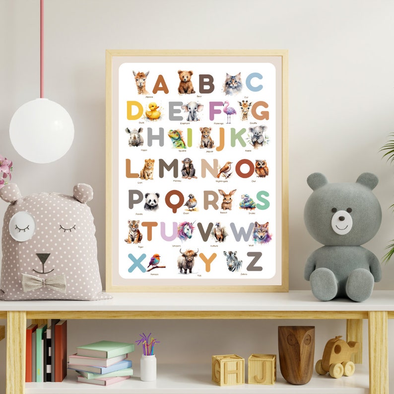 English Alphabet With Animals in Watercolours Poster for Kids ...