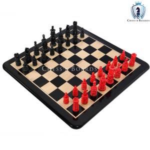 The Barley Corn Carved Camel Bone Chess Pieces| Dyed Colour Red and ...