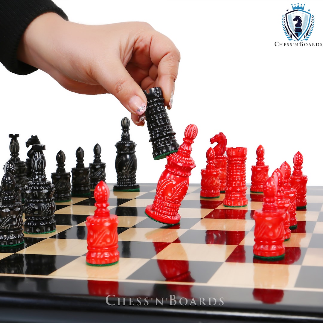 The Barley Corn Carved Camel Bone Chess Pieces| Dyed Colour Red and ...
