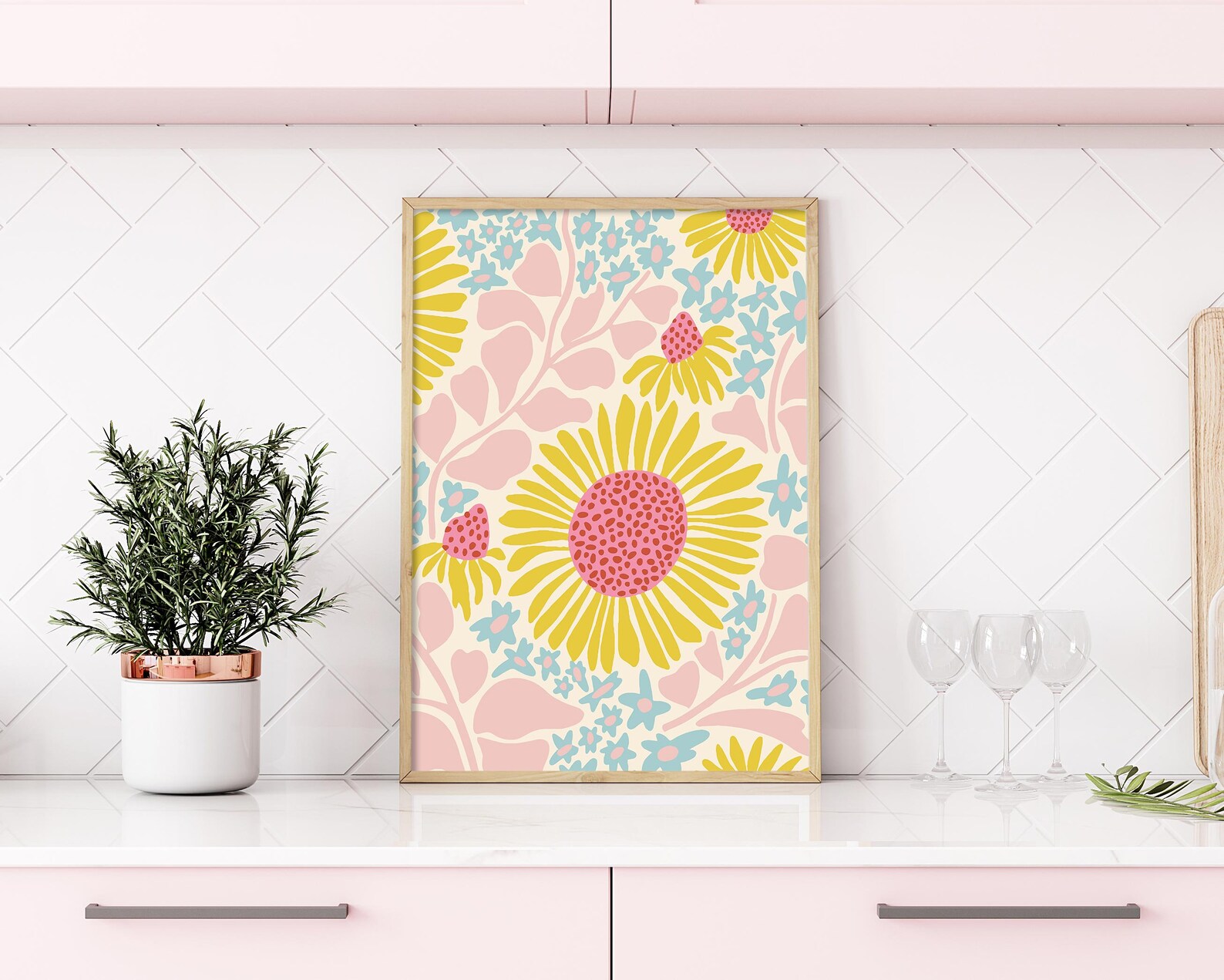 Boho Abstract Daisy Print, Botanical Flower Wall Art, Pastel Daisies ...