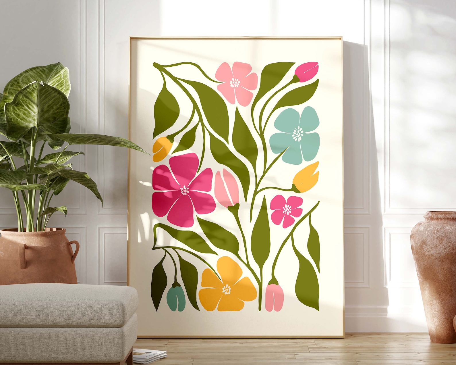 Colourful Abstract Flower Print, Scandinavian Floral Wall Art, Pink ...