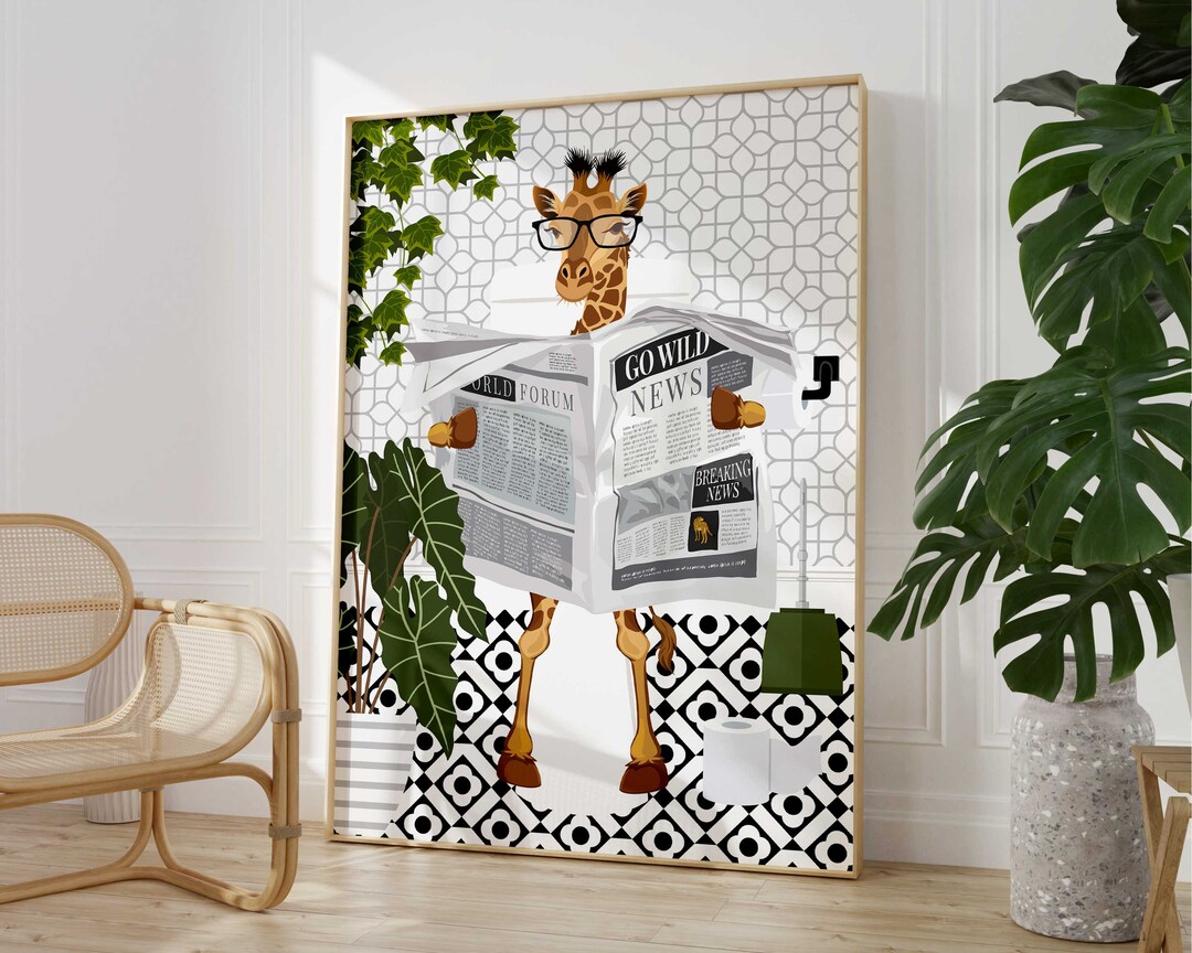 Giraffe on Toilet Black and White Bathroom Print, Animal on Toilet ...