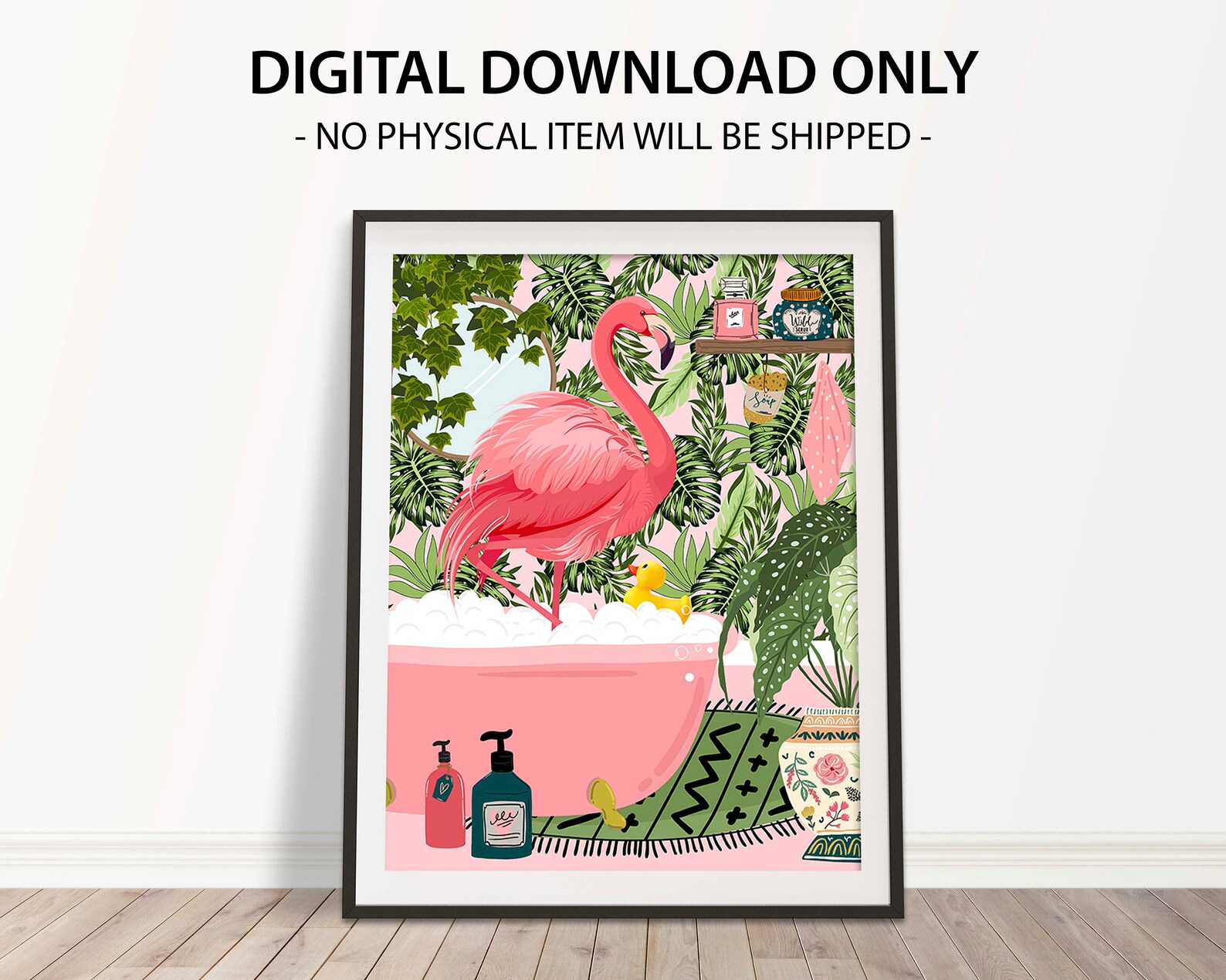 Flamingo in Bathtub Boho Bathroom Print Pink Flamingo Print - Etsy