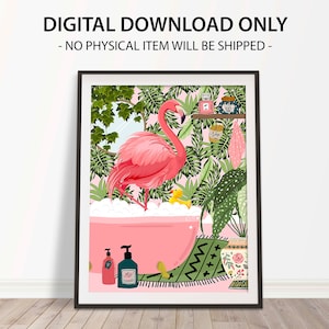 Flamingo in Bathtub Boho Bathroom Print, Pink Flamingo Print ...