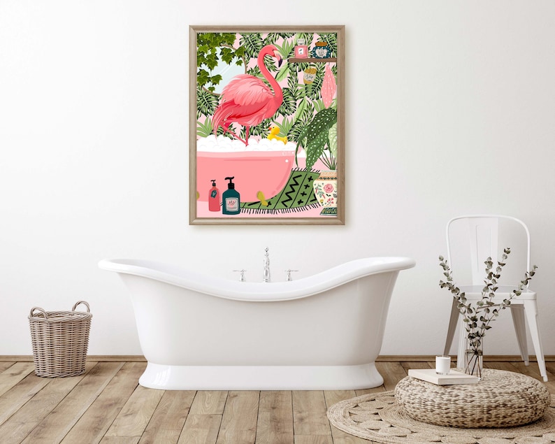 Flamingo in Bathtub Boho Bathroom Print, Pink Flamingo Print ...
