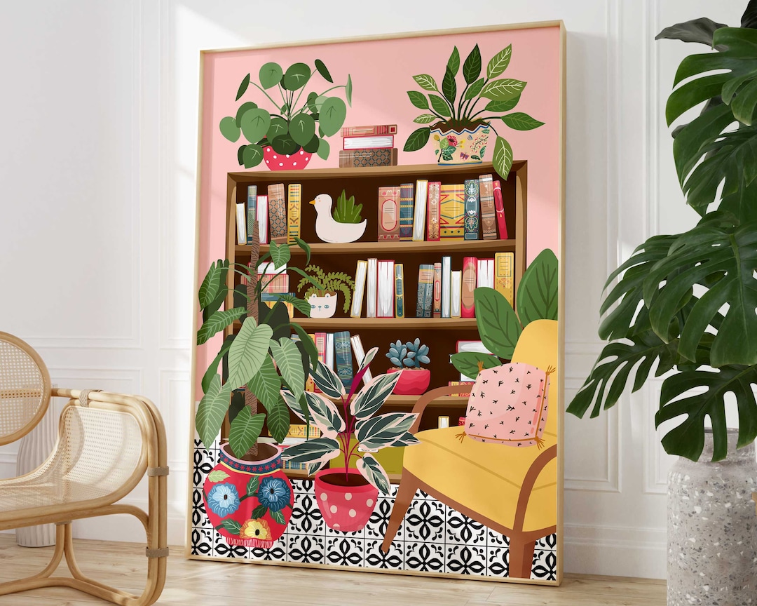 Botanical Boho Bookshelf Library Decor, Reading Gift for Book Lovers ...