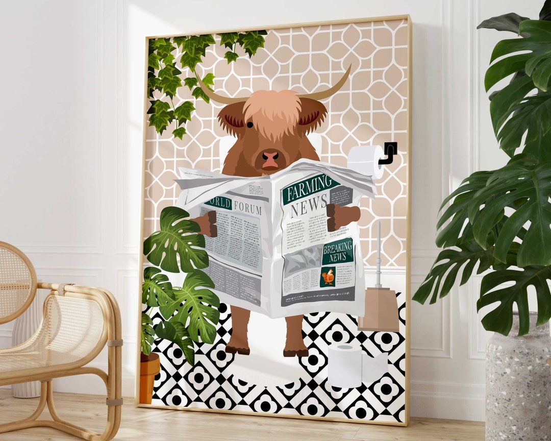 Highland Kuh auf Toilette Kunstdruck, Tier auf Toilette lustige Badezimmer Wandkunst ...