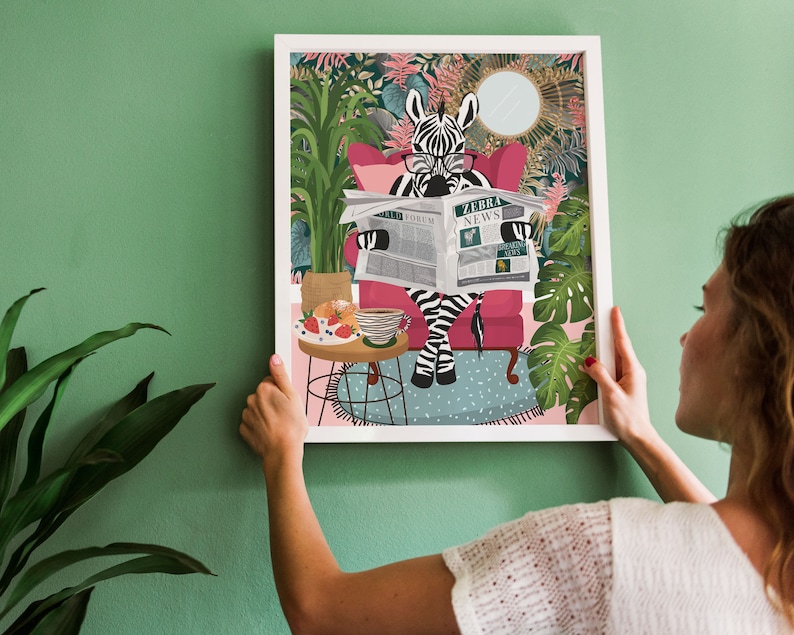 Zebra Reading Newspaper Animal Print Colourful Botanical - Etsy
