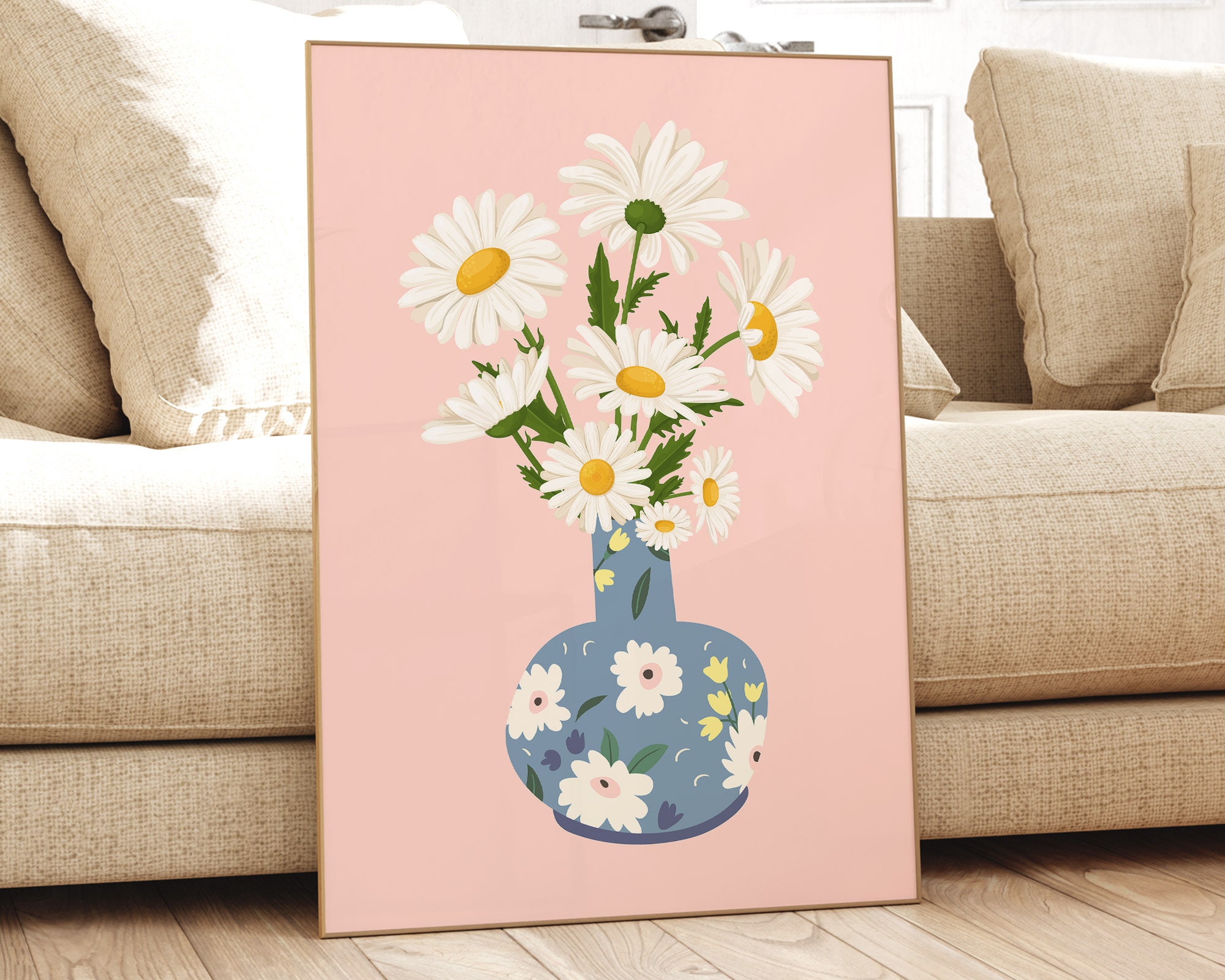 Pink Daisy Print Flower Wall Art, Abstract Daisies Botanical Print ...